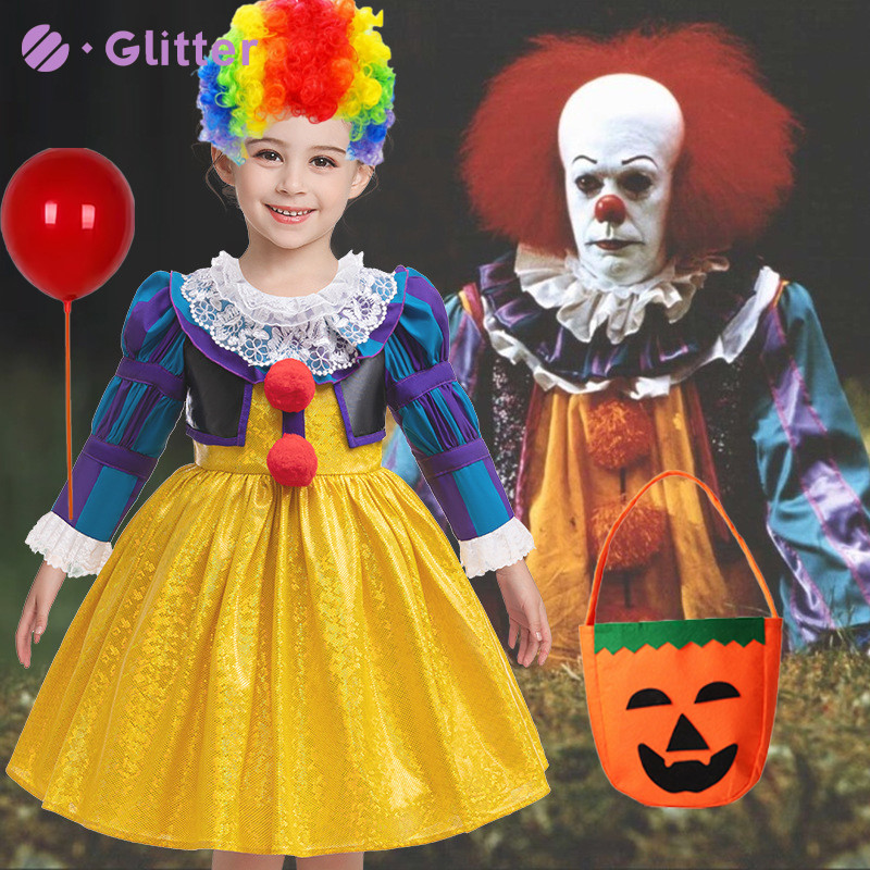 It Pennywise Cosplay Costume for Kids Girl Funny Scary Joker Yellow ...