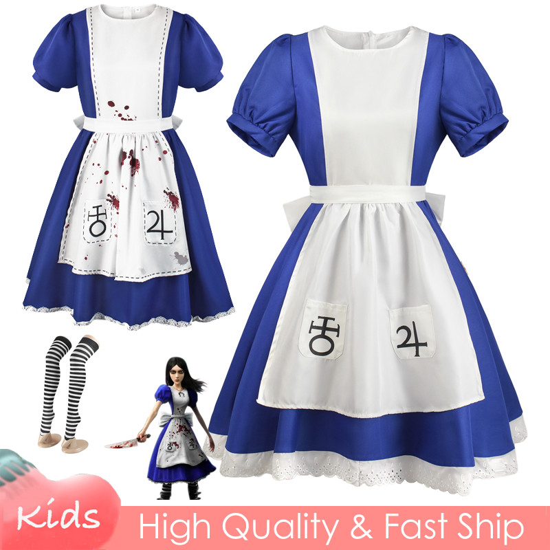 XS-3XL Plus Size Alice Madness Returns 3 Bloody Maid Blue White Dress ...