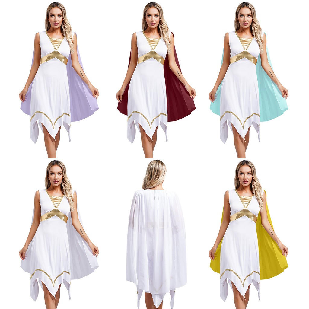 inhzoy Womens Ancient Greek Roman Cosplay Dress Long Cape Sleeve Gold ...