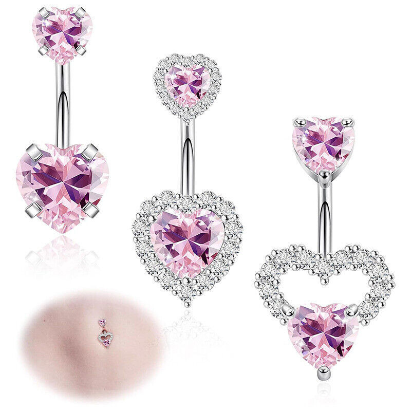 1 Piece Double Heart Belly Bars Navel Ring Crystal Belly Button Bar ...