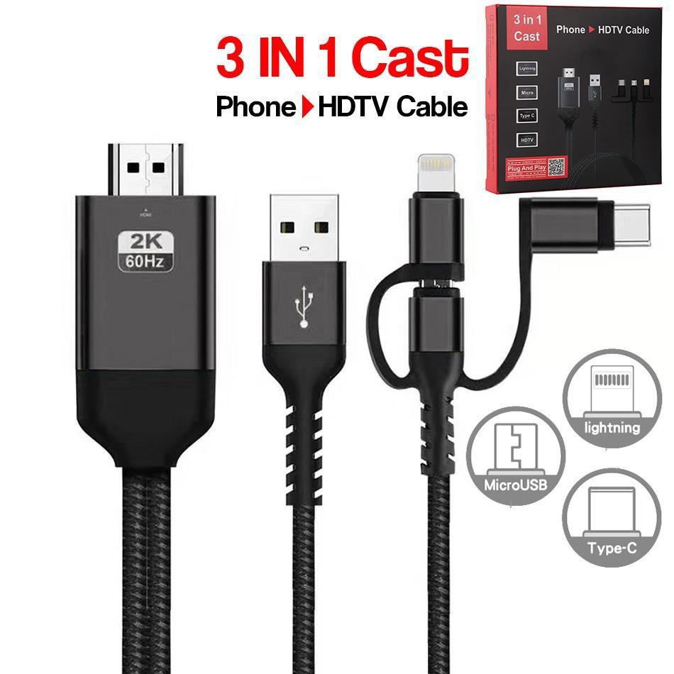Universal 3 IN 1 HDMI Mirascreen Cable Mirroring Cellphone Screen To TV ...