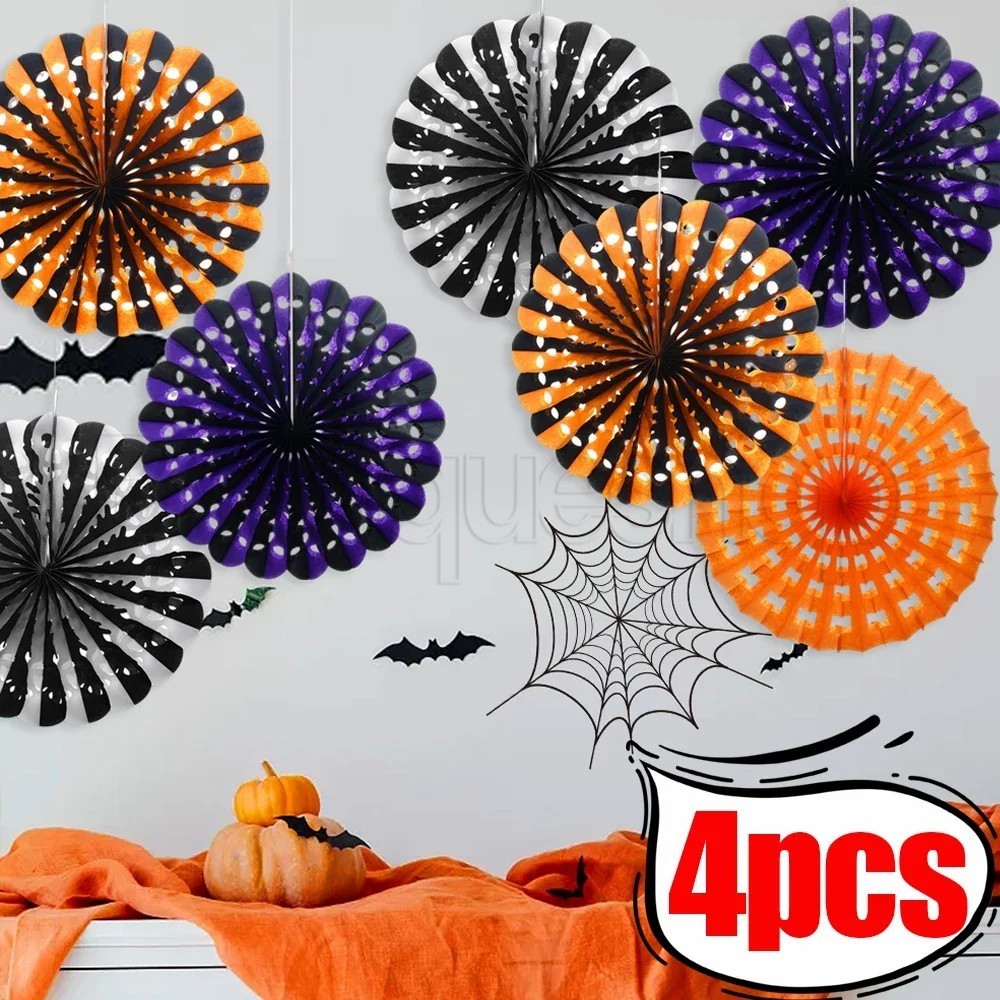 1/4pcs Halloween Paper Fans Decorations - Black Orange Web Hanging ...