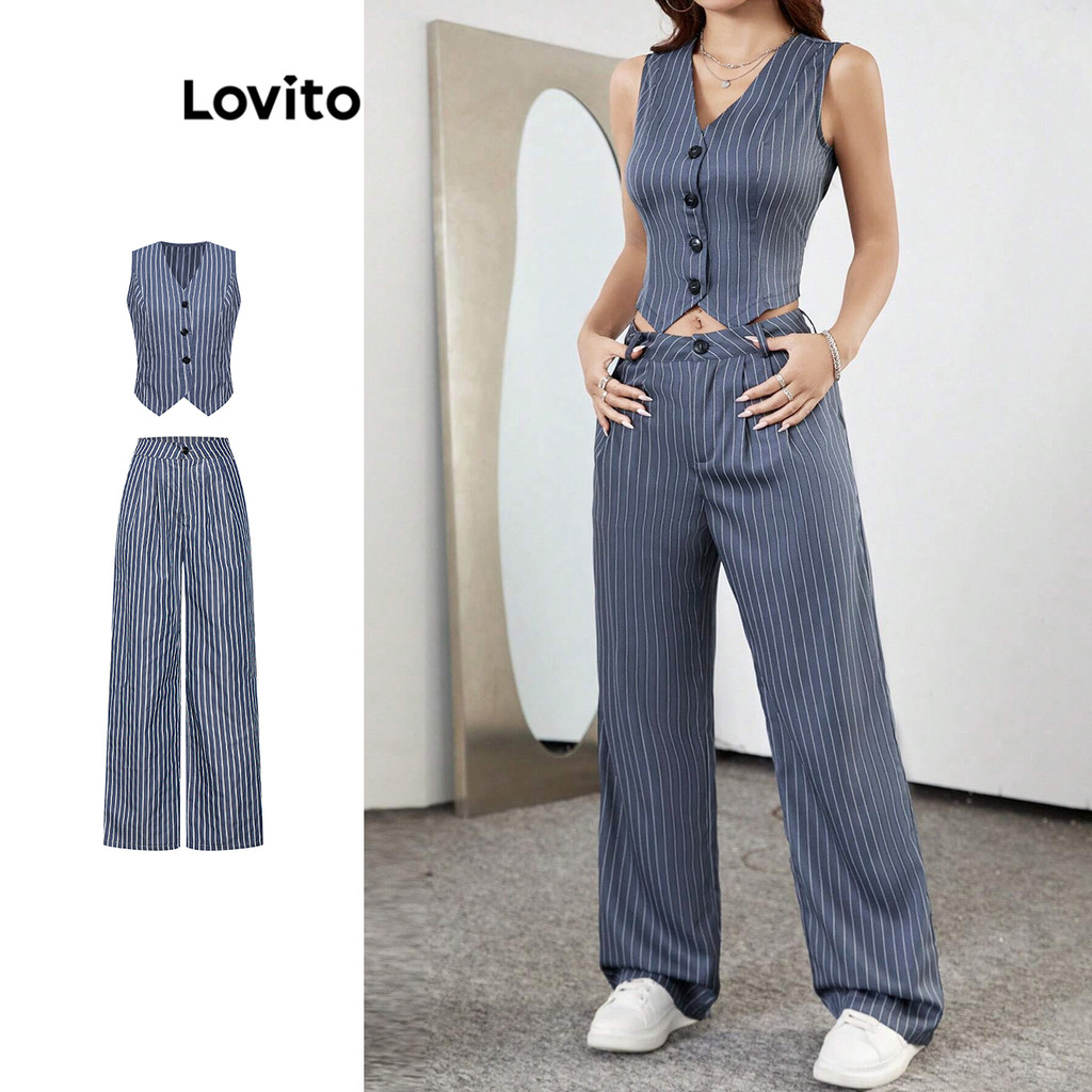 Lovito Women Elegant Striped Button Front Split Pants Sets L99ED802 ...
