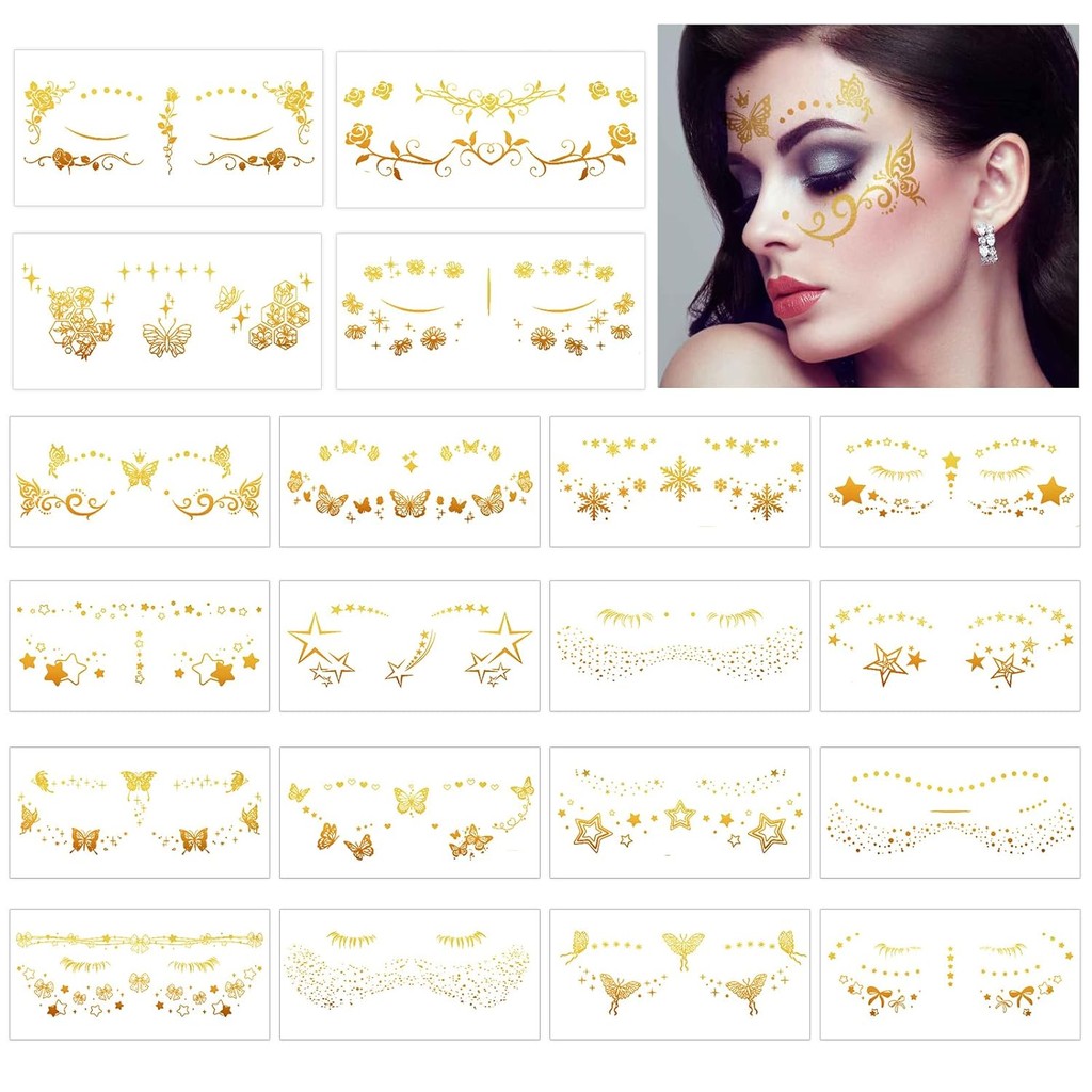 Face Tattoos, Gold Star Butterfly Flowers Fake Face Tattoos Metallic ...