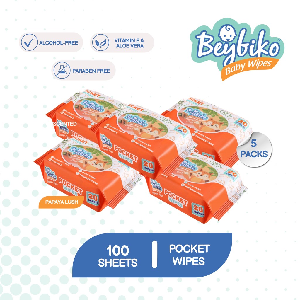 Beybiko - POCKET WIPES Papaya Lush scent (20 Sheets) (5 packs) | Shopee ...