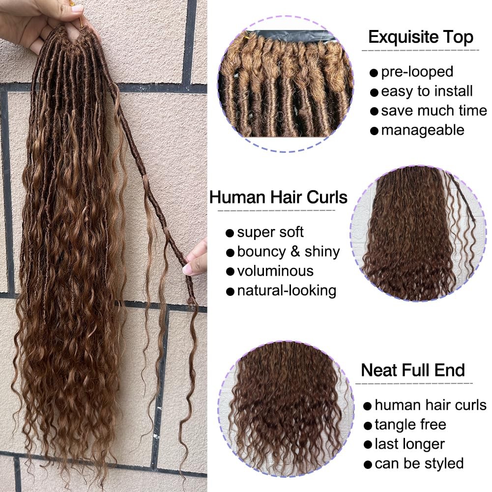 Crochet Boho Faux Locs With Human Hair Curls Color 30 Pre-looped ...