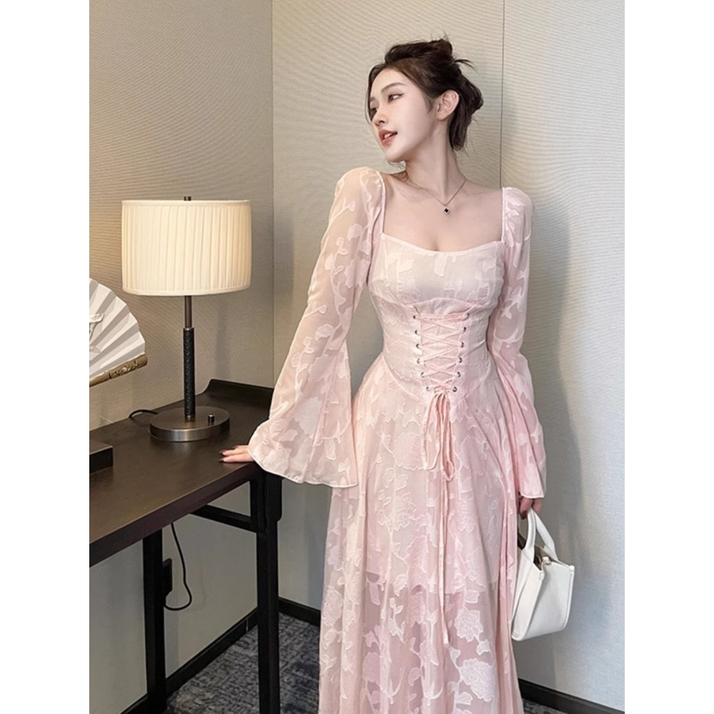 Gentle Pink Dress Lace-up Waist-Controlled Temperament Square Collar ...