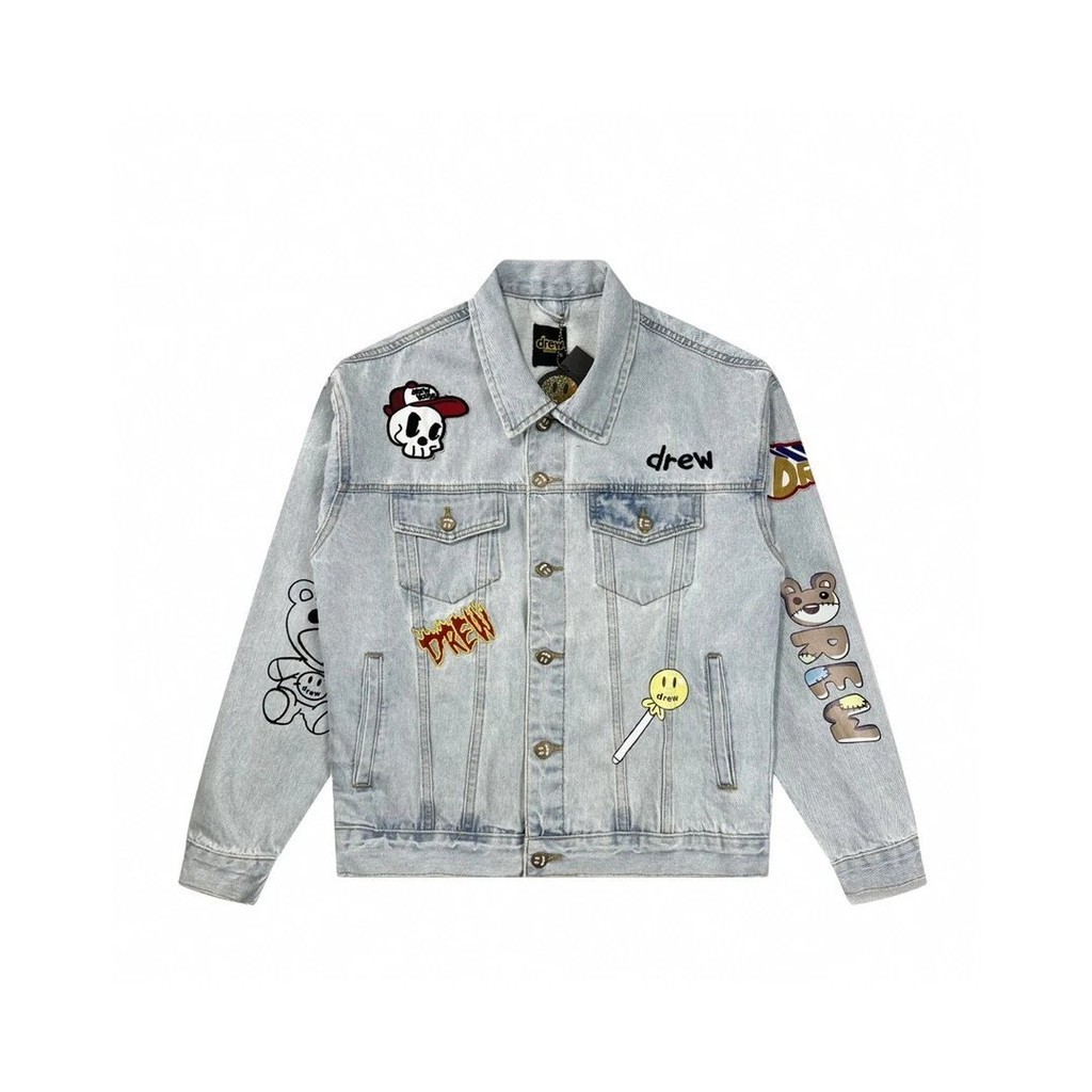 Drew House denim jacket smiley face pattern badge logo embroidery ...