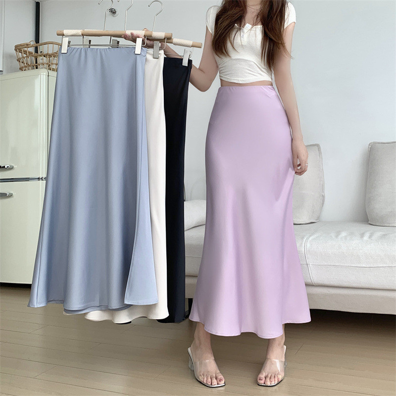 Korean Casual A-line Satin Palda Mermaid Wrap Long Skirt for Woman ...