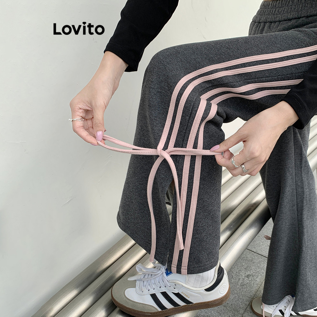Lovito Women Cute Plain Colorblock Side Stripe Bow Pants LNA74097 ...