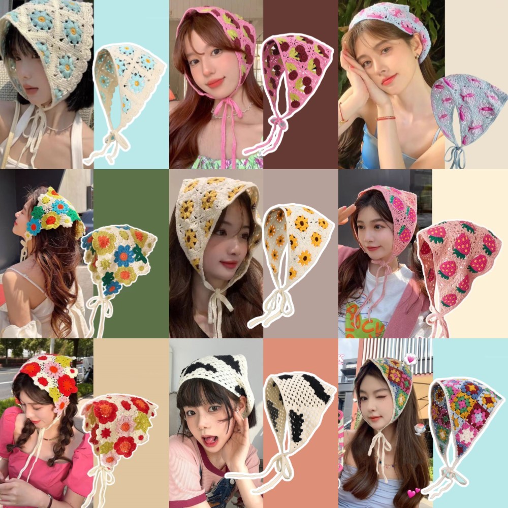 French Knitted Crocheted Hollow Triangle Scarf Turban Head Kerchief ...