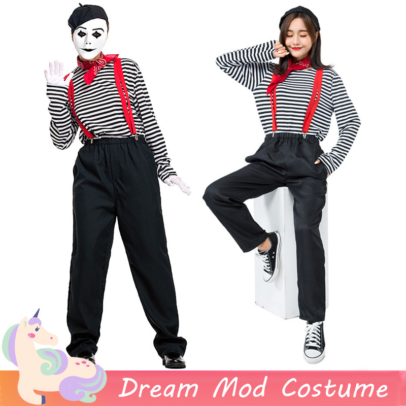 Mime Clown Joker Black White Stripe Shirt Pants Set Halloween Cosplay ...