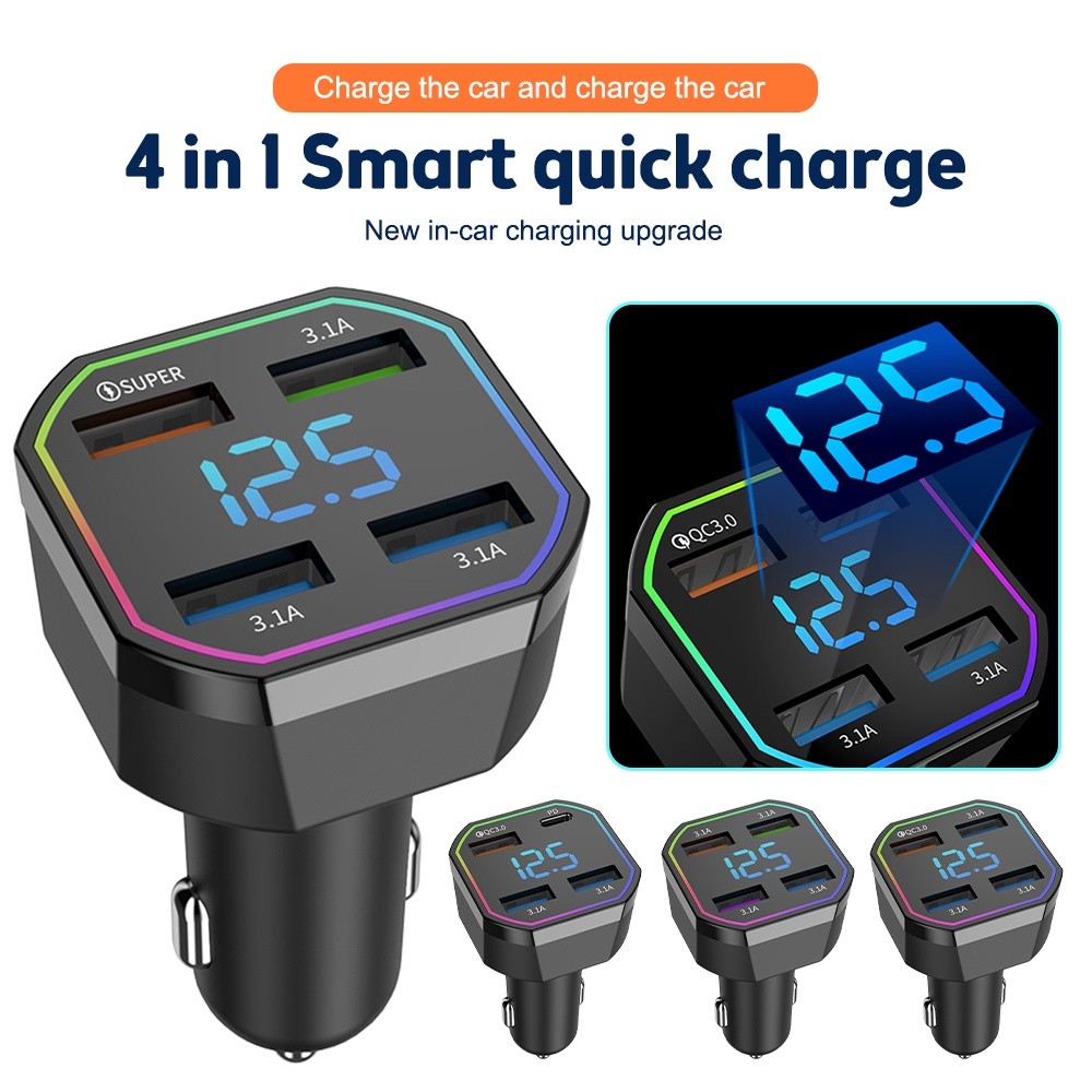 4 Ports 66W USB Car Charger with LED Digital Display Fast Charging PD ...