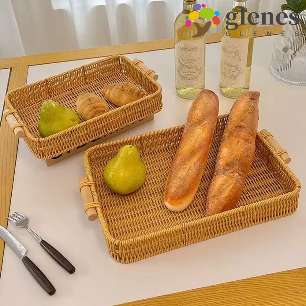 GLENES Woven Rattan Basket, Simulated Wooden Handle Food Serving Tray ...