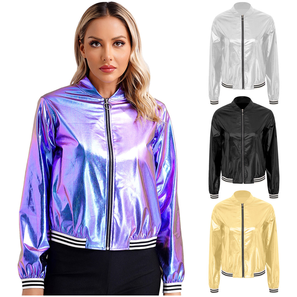 inhzoy Womens Holographic Metallic Shiny Bomber Jacket Long Sleeve ...