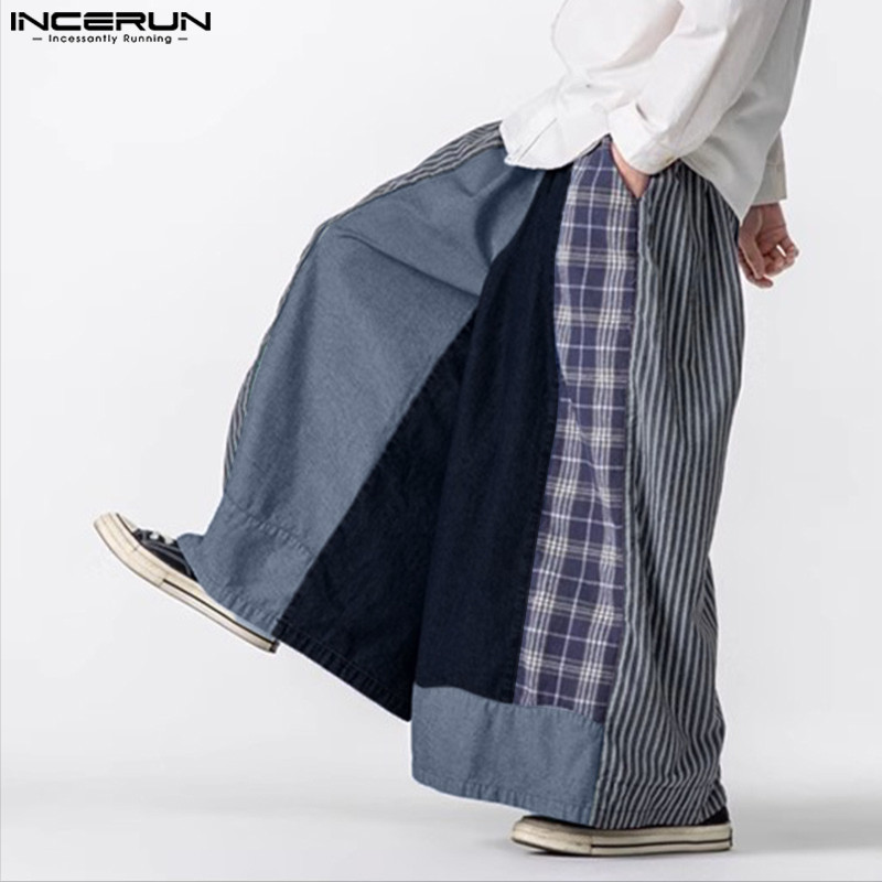 INCERUN men's checkered striped patchwork contrasting loose pants ...