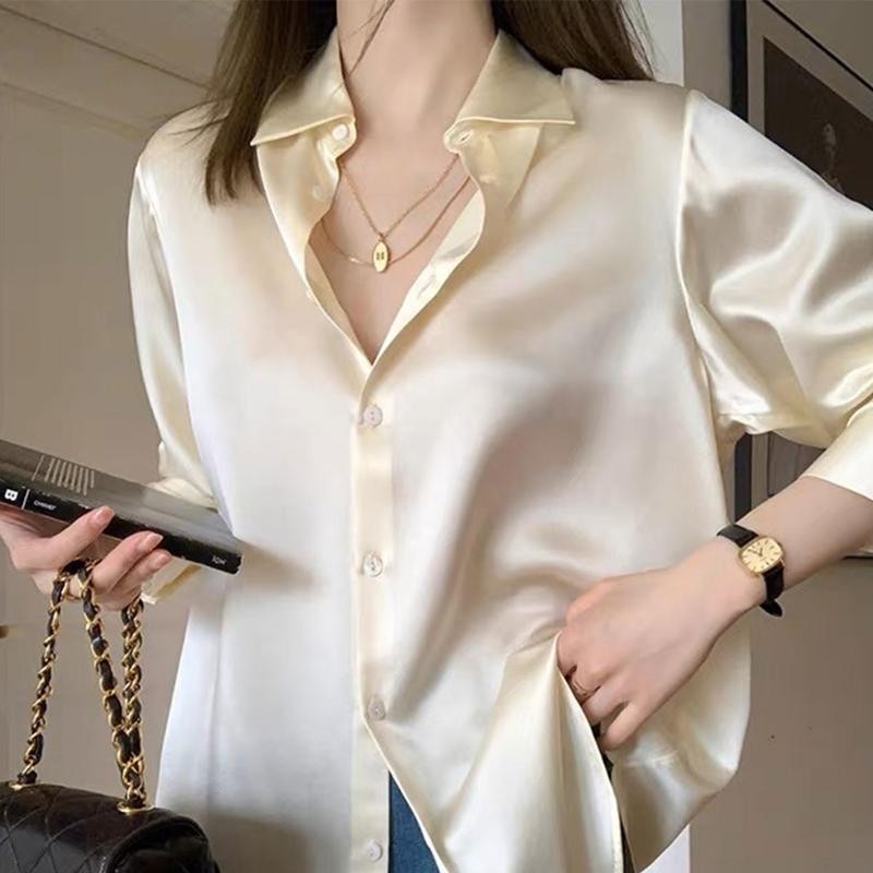 Women's solid color satin long sleeve shirt Top Womenswear Blouse Lady ...
