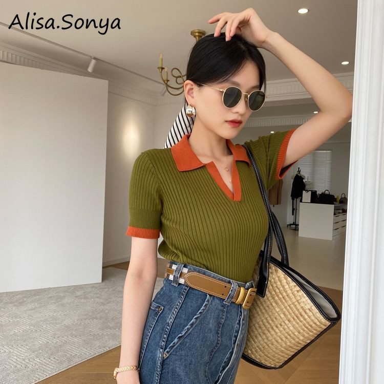 Alisa.Sonya Women Summer Fashion Temperament Polo Shirt Collision Retro ...