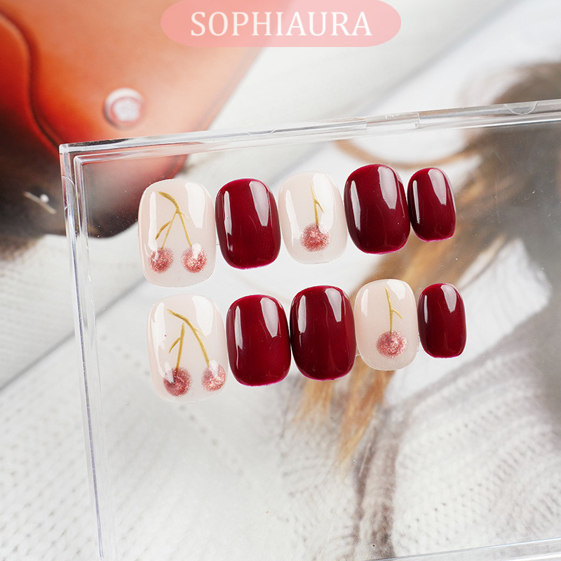 SOPHIAURA Handmade Nails Short Square Shape Red Cherry Plain Design ...