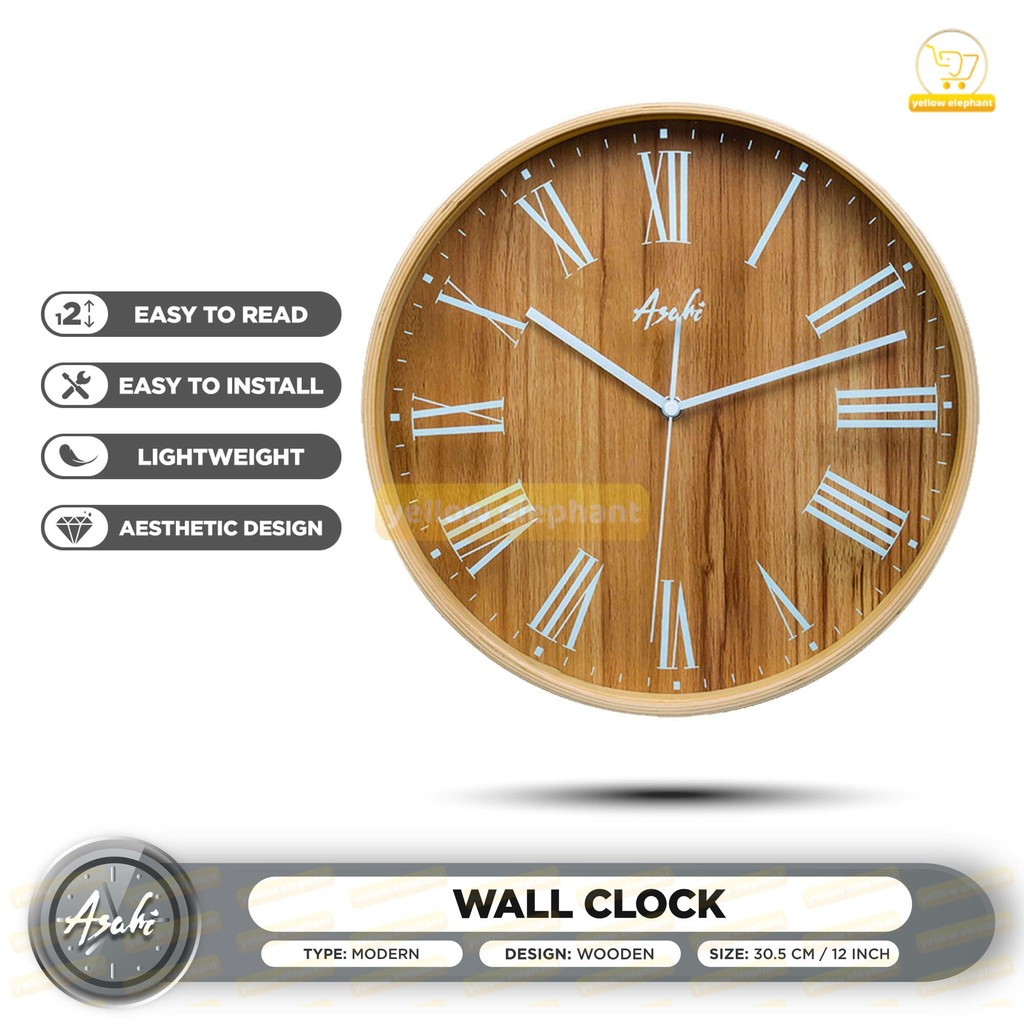 Asahi Wall Clock 12 Inches Wood Design 5yr Warranty W/ AA Battery ...