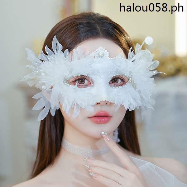White Fashion Mask Half Face Female Gauze Flower Masquerade Party Party ...