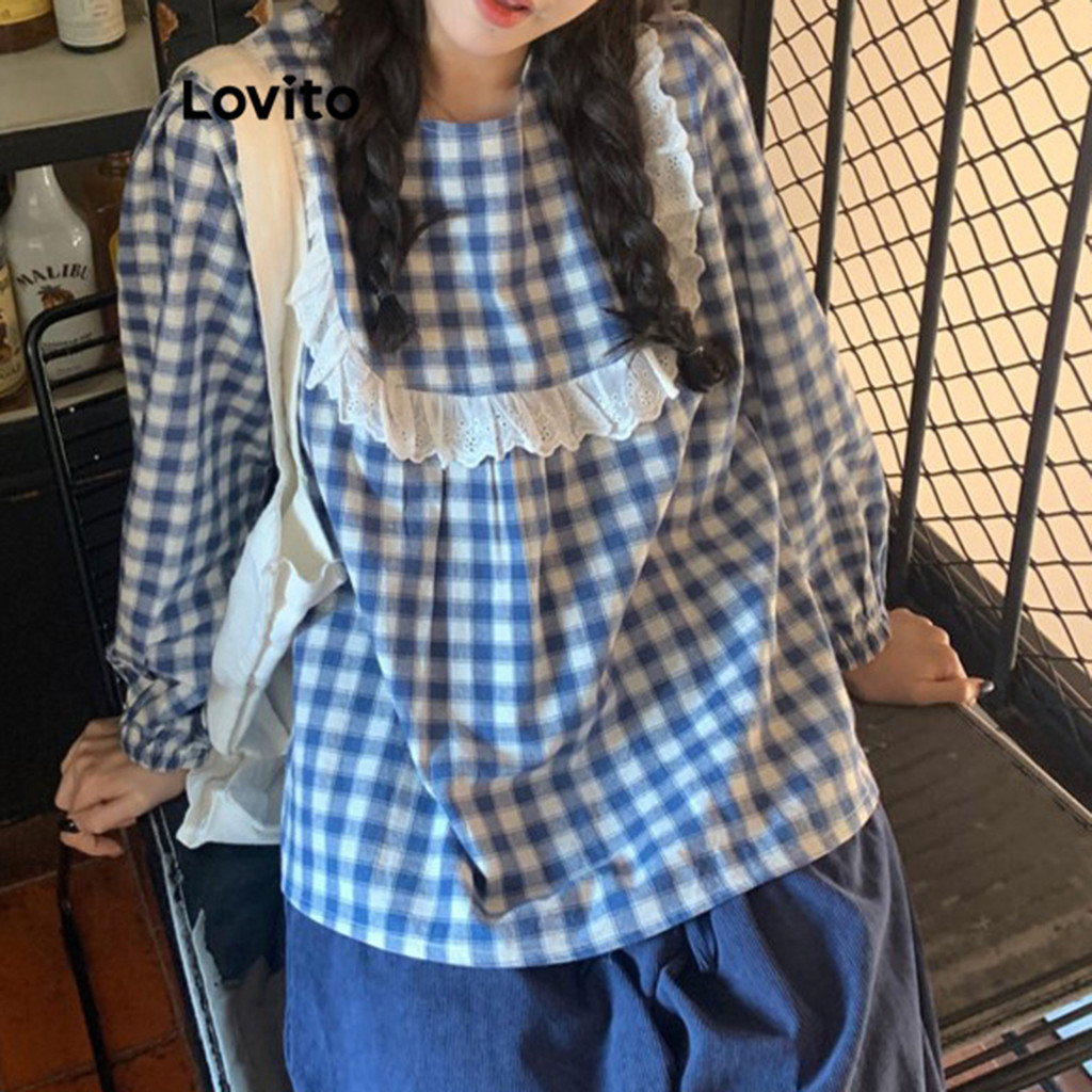 Lovito Women Cute Checkerboard Lace Blouse LNA83574 | Shopee Philippines