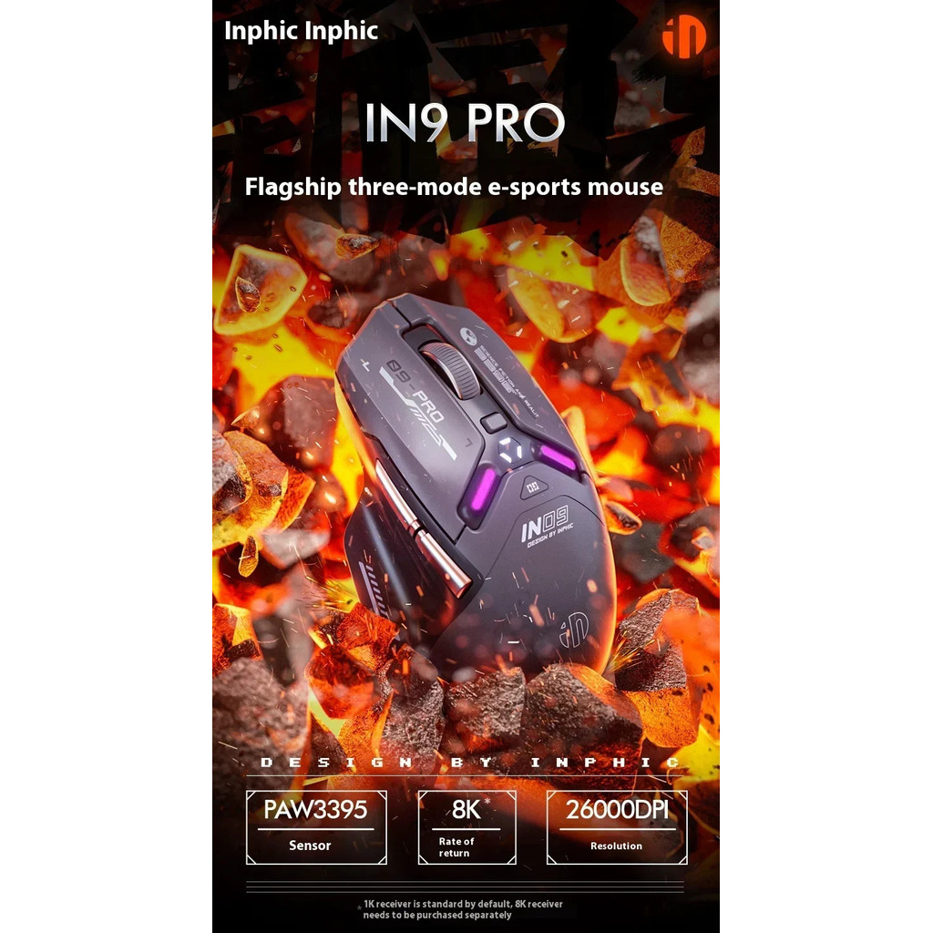 Inphic In9pro Wireless Mouse Three Mode 8K Low Latency PAW3395 Sensor ...