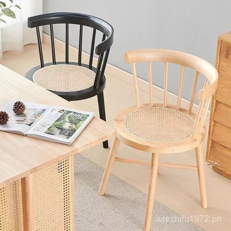 Japanese-Style Solid Wood Rattan Dining-Table Chair Home Desk Backrest ...