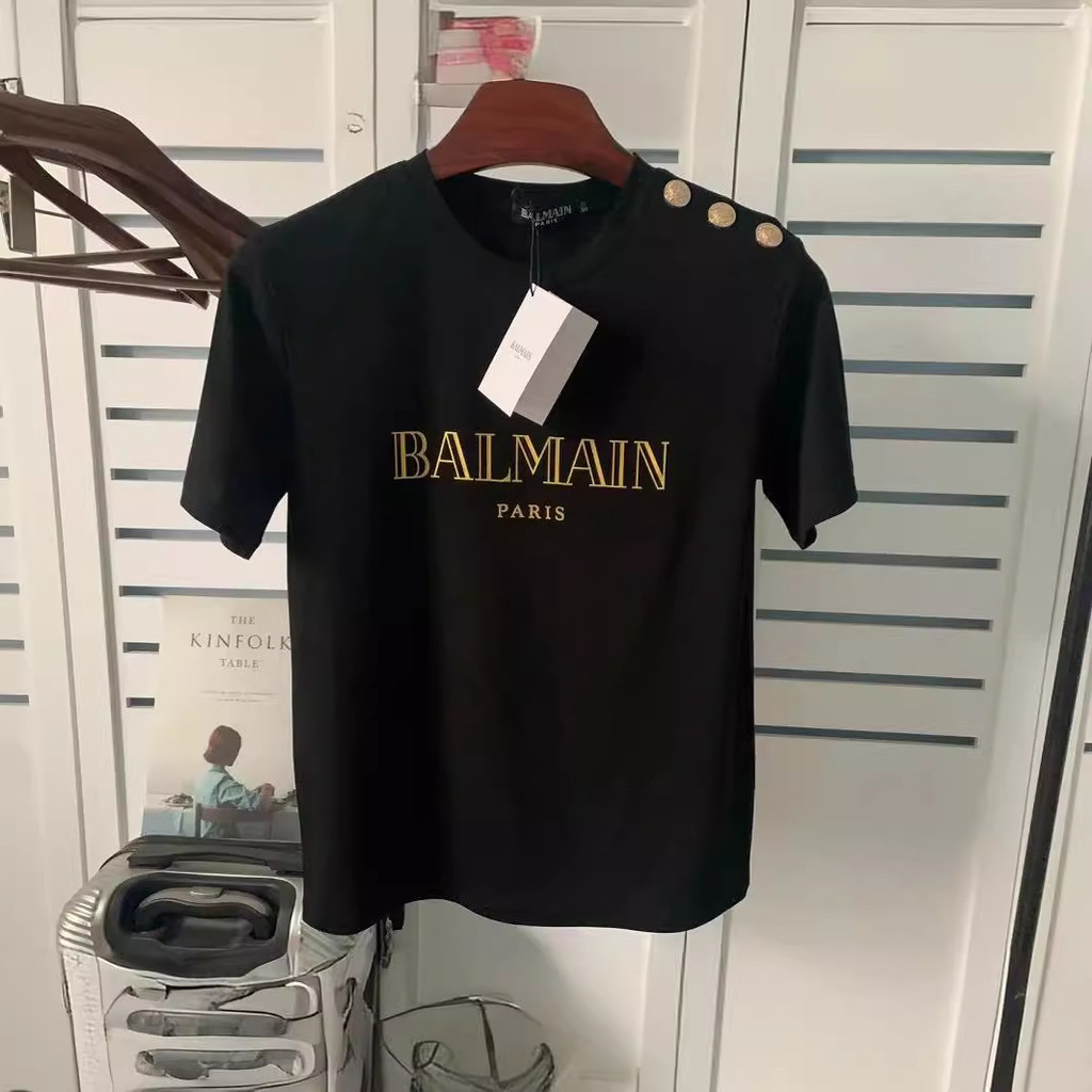 Short sleeved shoulder gold buckle hot stamping letter cotton T-shirt ...