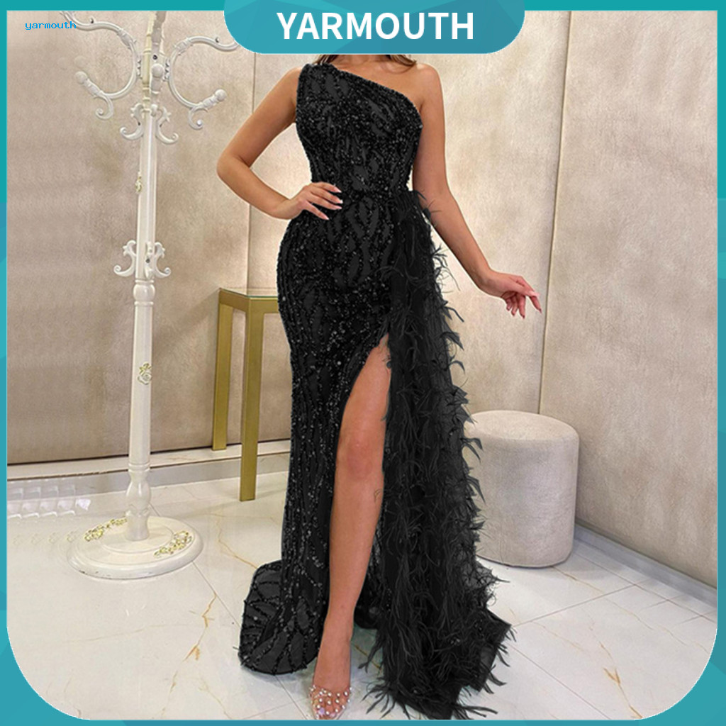 YYR_ One Shoulder Long Dress High Split Party Gown Sparkling One ...
