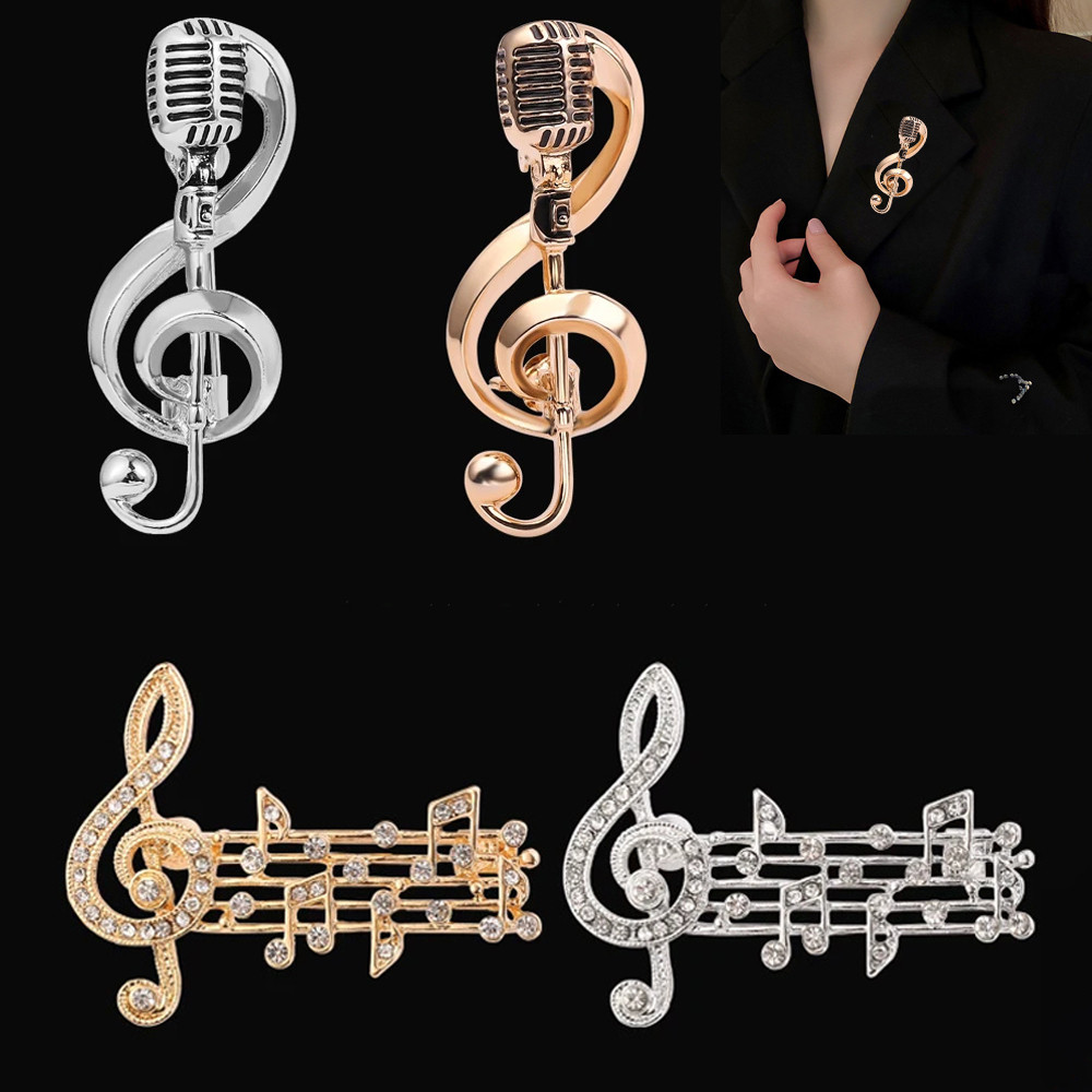 Rhinestone Music Logo Brooch Musical Note Microphone Metal Pin Singer ...