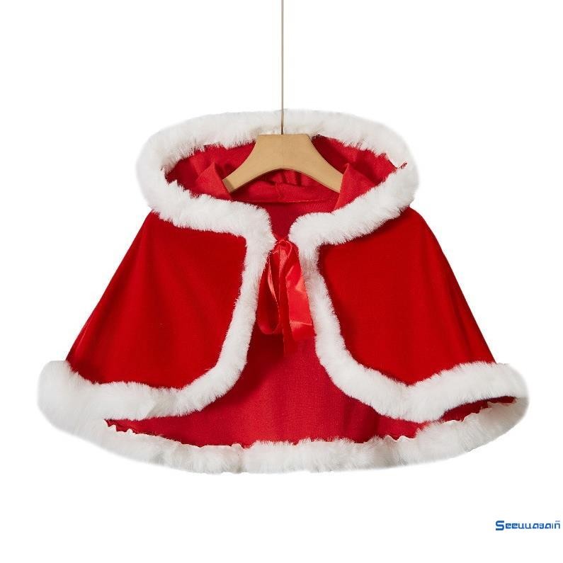 SEE-Christmas Cape with Hood for Women Contrast Color Fuzzy Trim Cloak ...