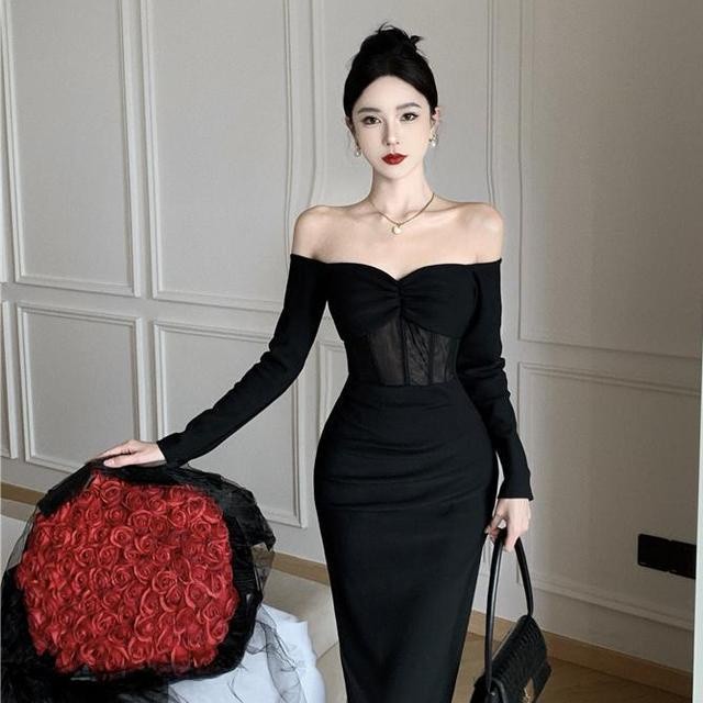 Korean Black Elegant Off Shoulder Evening Prom Wedding Debut JS Ball ...