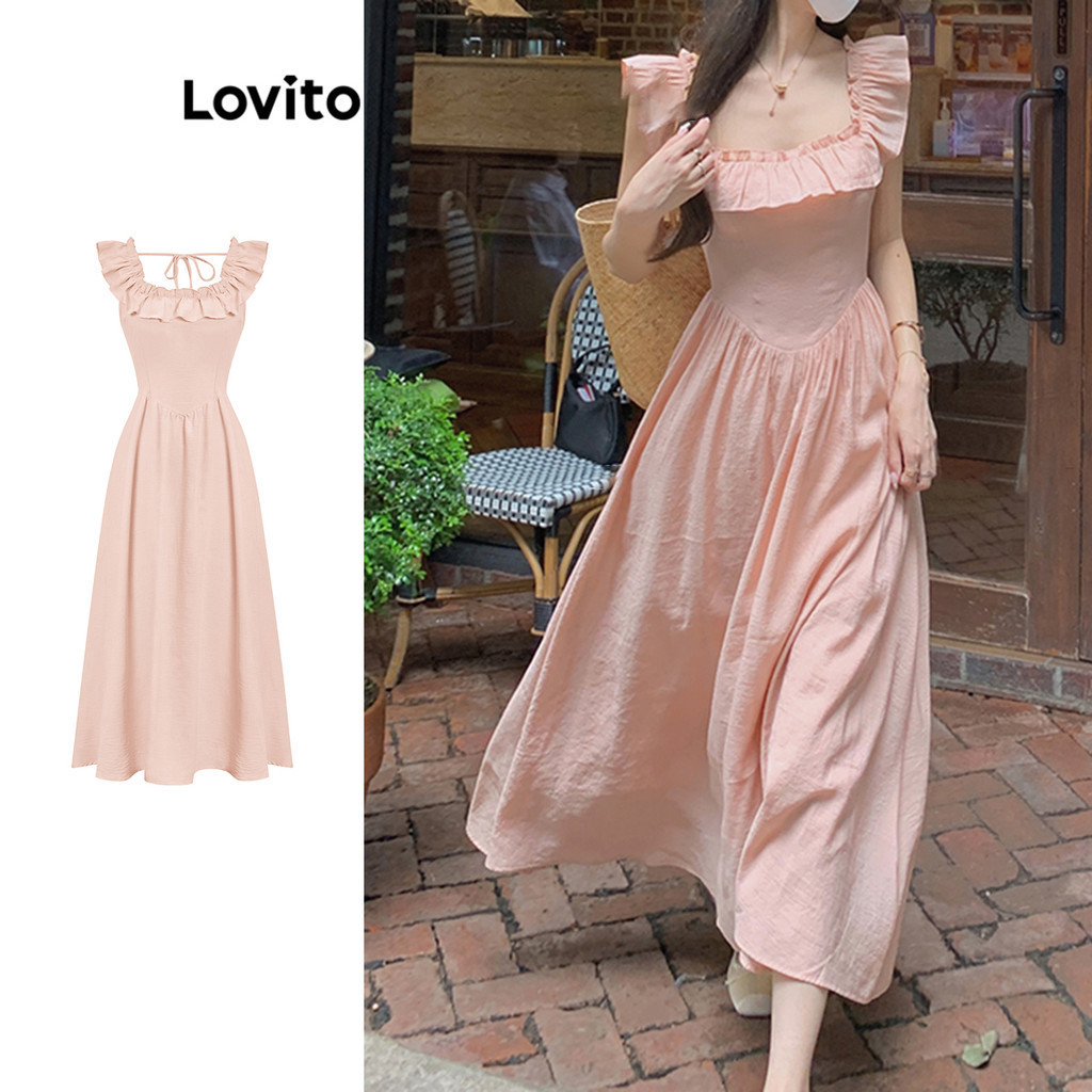 Lovito Women Elegant Plain Zipper Ruffle Lettuce Trim Dress L94AD093 ...