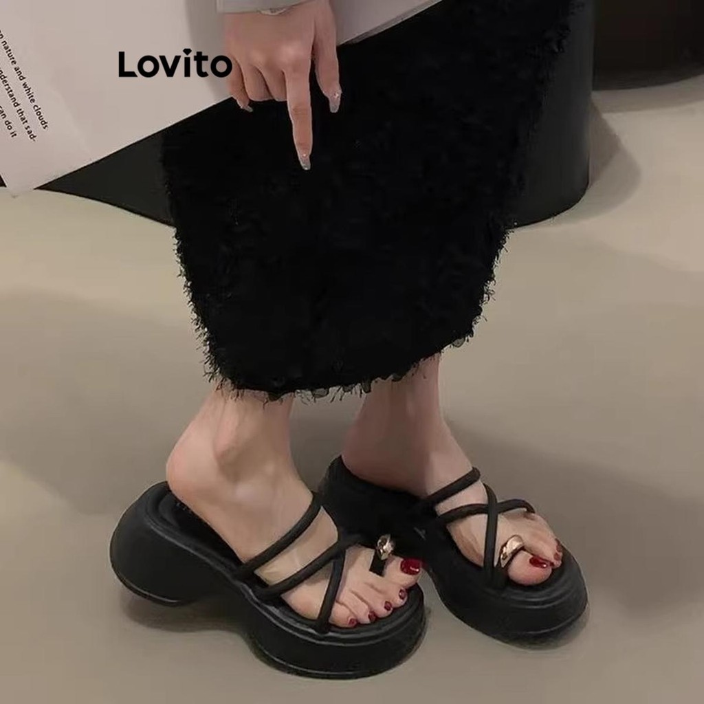 Lovito Women Plain Criss Cross Thick Sole Heighten Design Flat Sandal