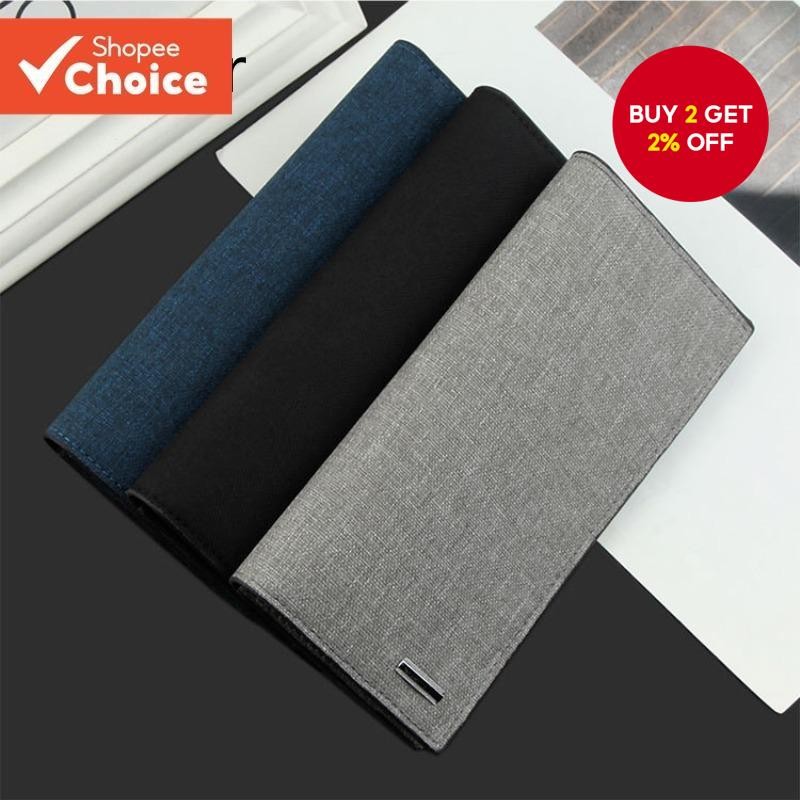 Men's Long Wallet Bifold - Leather & Canvas Minimalist Design with ...