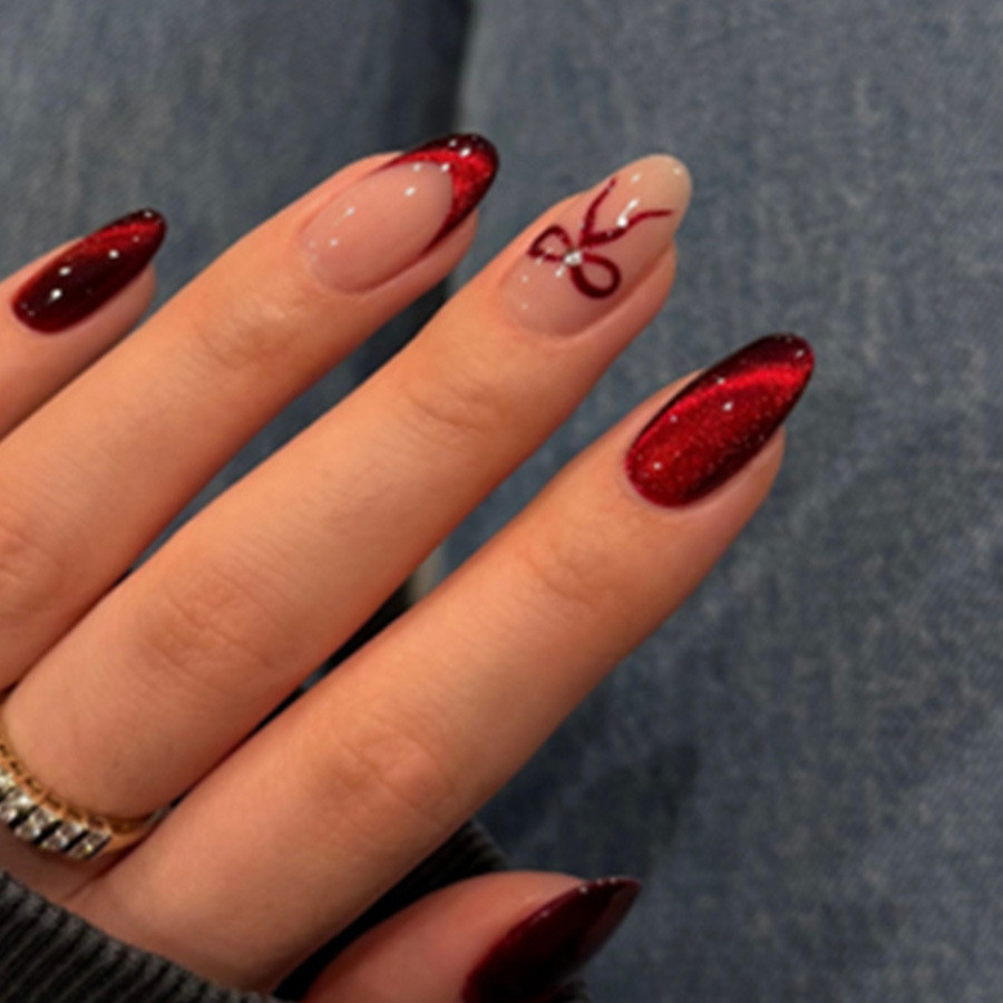 Free Glue 24pcs Medium-Long Burgundy Cat Eye French Bow Holiday Fake ...
