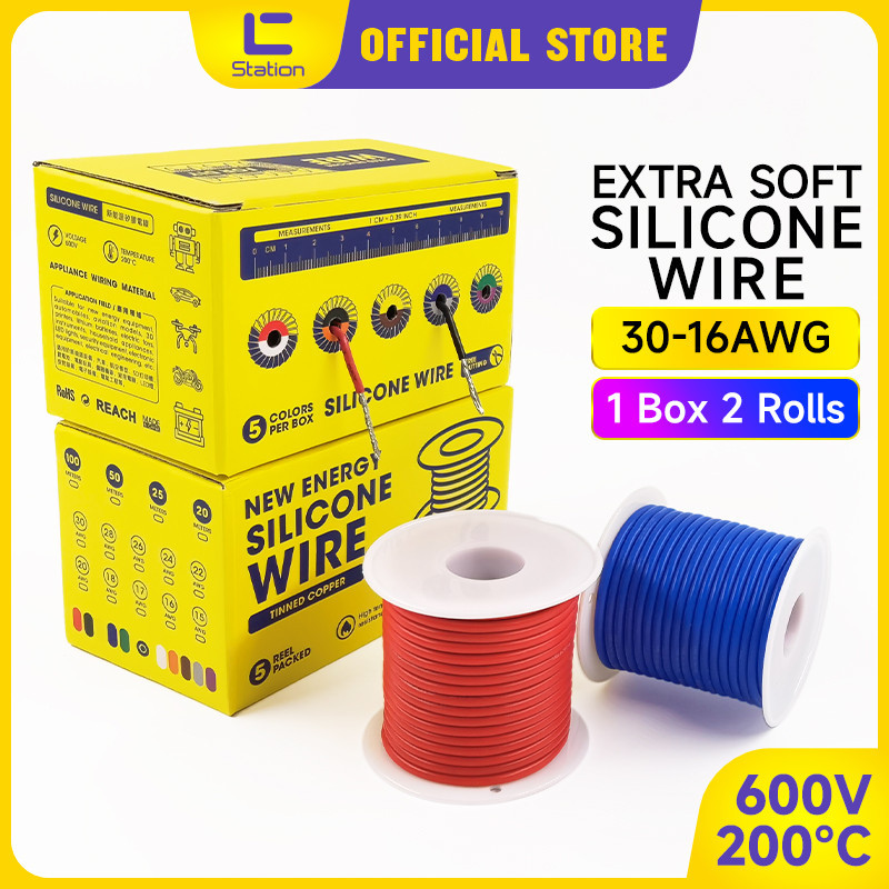 2 Rolls of 2 Colors/Boxed Extra Soft High and Low Temperature Resistant Silicone Cable 30-16AWG ...
