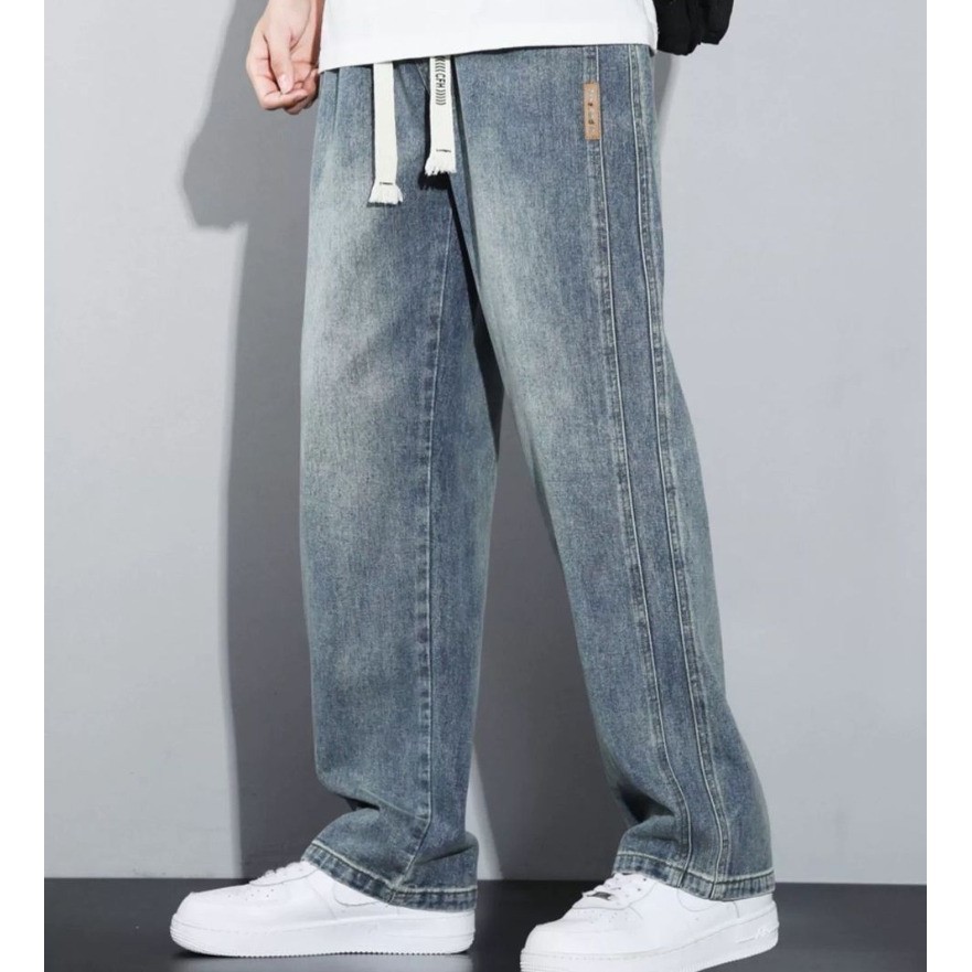 Men's High-End Elastic Waist Jeans - Loose Straight Leg, Trendy Casual ...
