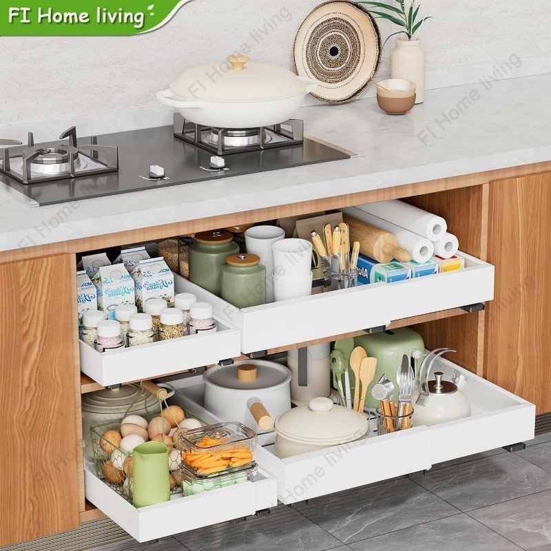 adjustable kitchen pull out basket condiments rack organizer cabinet ...