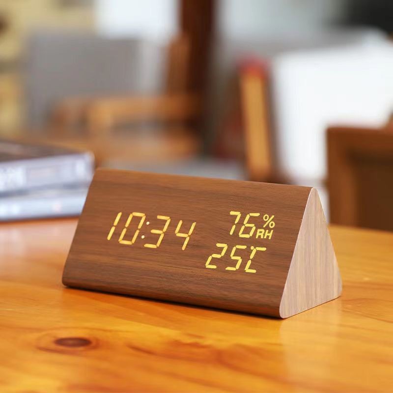 Wooden Desk Alarm Clock Creative Clock Temperature and Humidity Voice ...