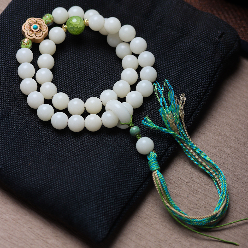 White Jade Bodhi Bracelet - 108 Apple Beads with Carved Lotus Root ...