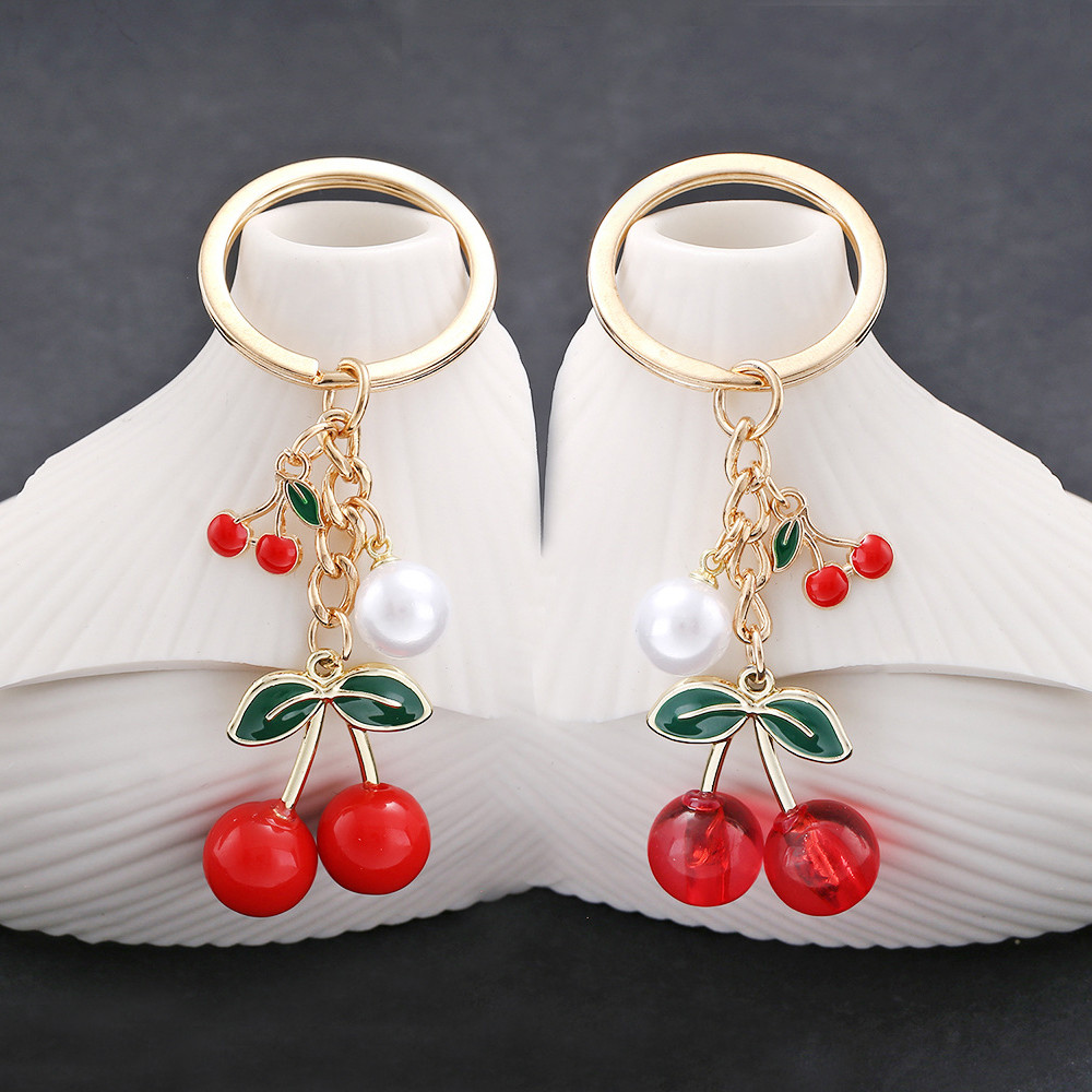 Exquisite Acrylic Red Cherry Keychain Faux Pearl Metal Leaf Keyring ...
