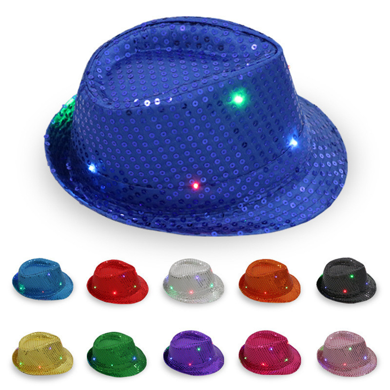 Creative LED Flashing Luminous Jazz Hat Glitter Sequins Cowboy Caps ...