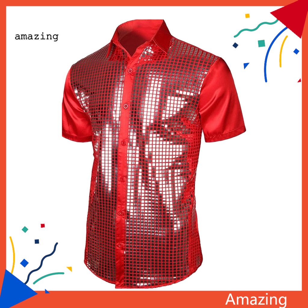 [AM] Lightweight Men Top Retro Button Design Shirt Men's Shiny Satin ...