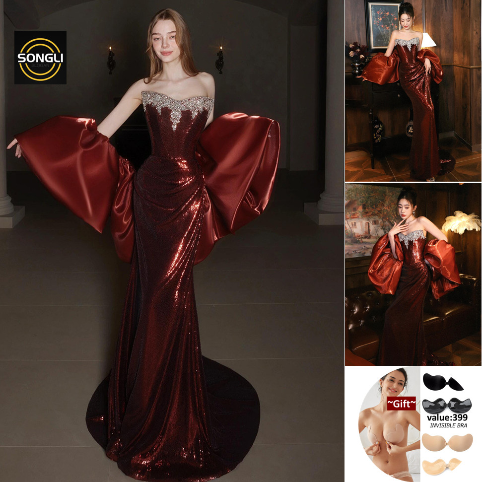 Wine red strapless evening gown for woman fish tail sequins small tail ...