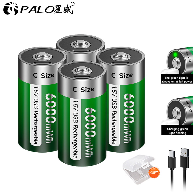 PALO 1.5V C Size Rechargeable Battery Type-C 6000mWh R14 LR14 Li-ion C ...