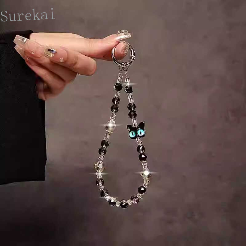 Black Cat Mobile Phone Case Chain Beaded Handheld Chain Wrist Short ...