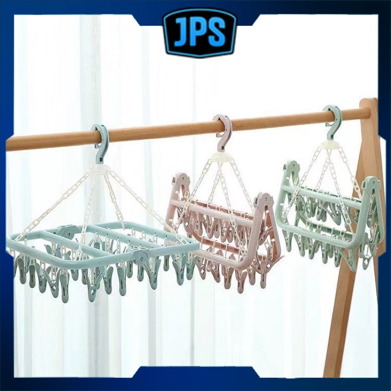 Plastic Laundry Hanger with Clips, Foldable Clip Hangers with 32 Clips ...