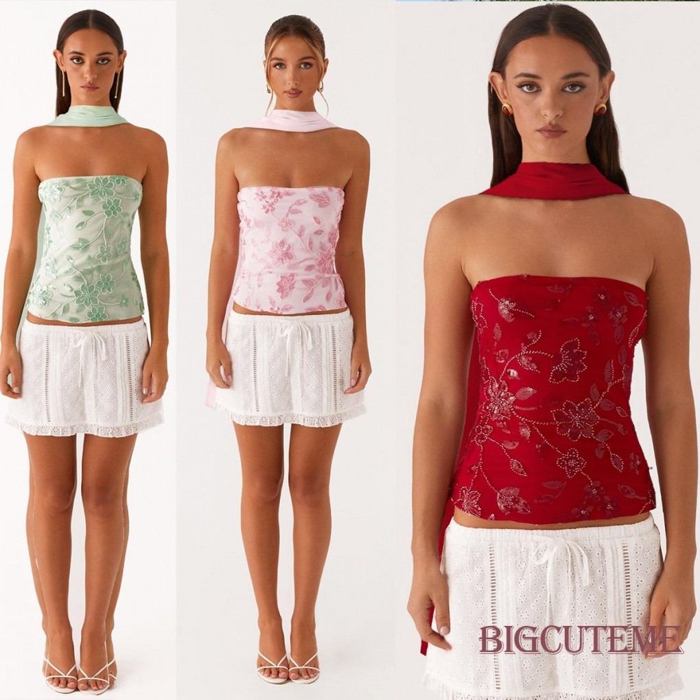 []-Women Sequins Beaded Flower Tube Tops With Scarf Summer Party ...
